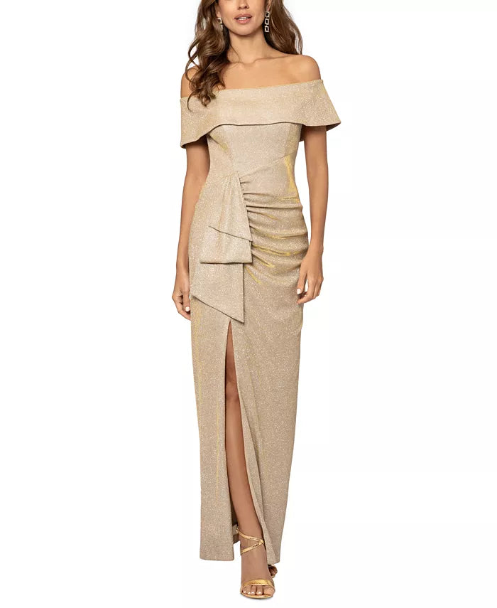 XSCAPE Off-The-Shoulder Draped-Detail Leg-Slit Gown – DGFOutlet